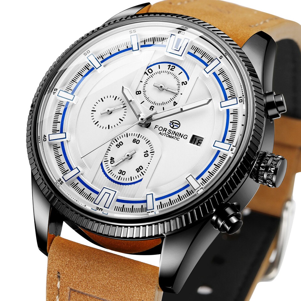 Mens Luxury Leather Watch Mechanical Black Case White Analog Dials ...