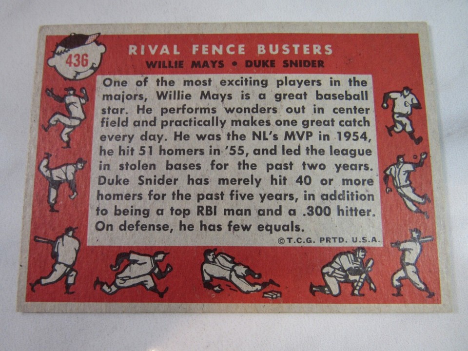 1958 Topps Baseball Card #436 Rival Fence Busters Willie Mays Duke ...