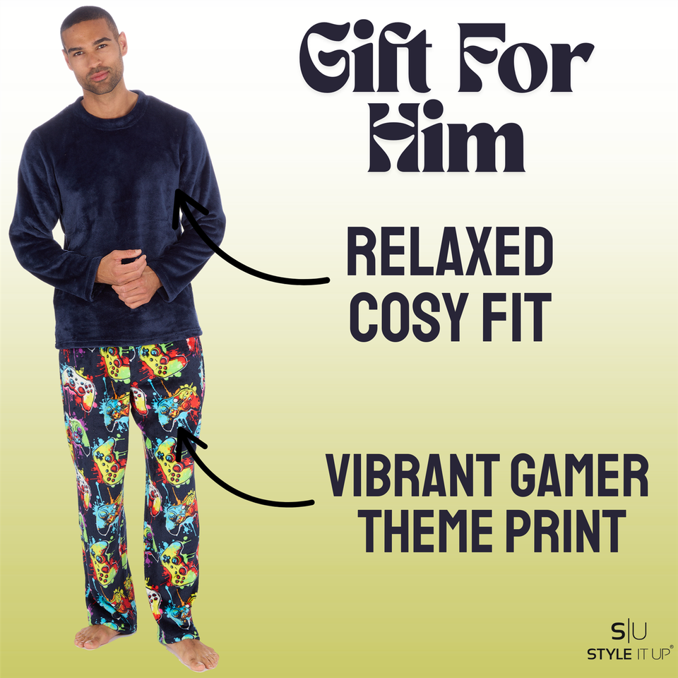 Mens Gamer Print Pyjama Set Soft Warm Plush Fleece PJ Gaming Lounge ...