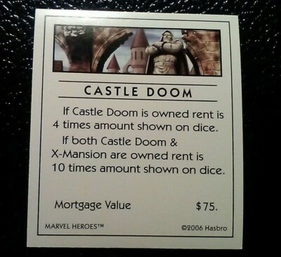 Monopoly Marvel Heroes CASTLE DOOM Title Deed Card COLLECTORS EDITION ...