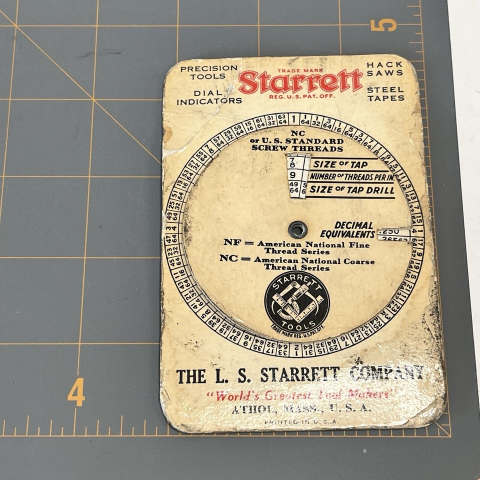 Vintage STARRETT Decimal Equivalents And Tap Drill Sizes Pocket Card ...