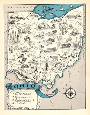 1930s Antique Ohio State Map Wall Art Decor Animated Picture Map of ...