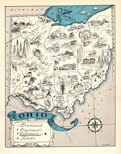 1930s Antique Ohio State Map Wall Art Decor Animated Picture Map of ...