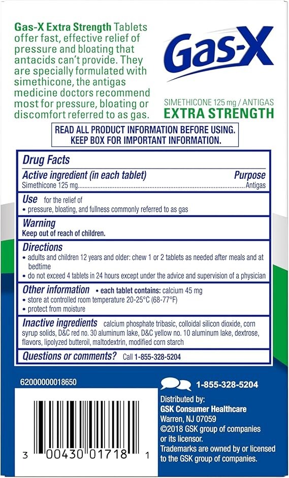 Gas-X Extra Strength Peppermint Chewable Tablet for Fast Gas Relief, 18 ...