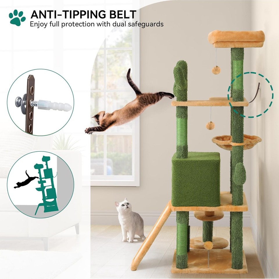 Tall Cactus Cat Tree Tower W/ Self-Grooming Brush 60in Cute Cat ...