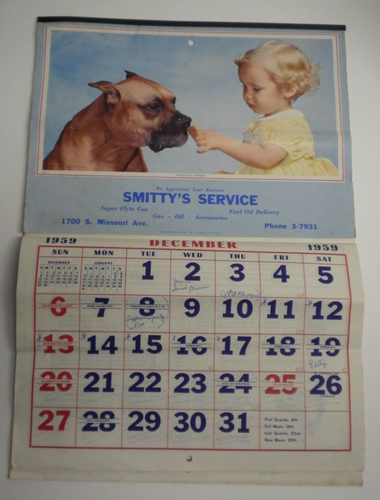 Vintage Antique 1959 Smitty's Fuel Oil Wall Calendar Girl Child ?Boxer ...