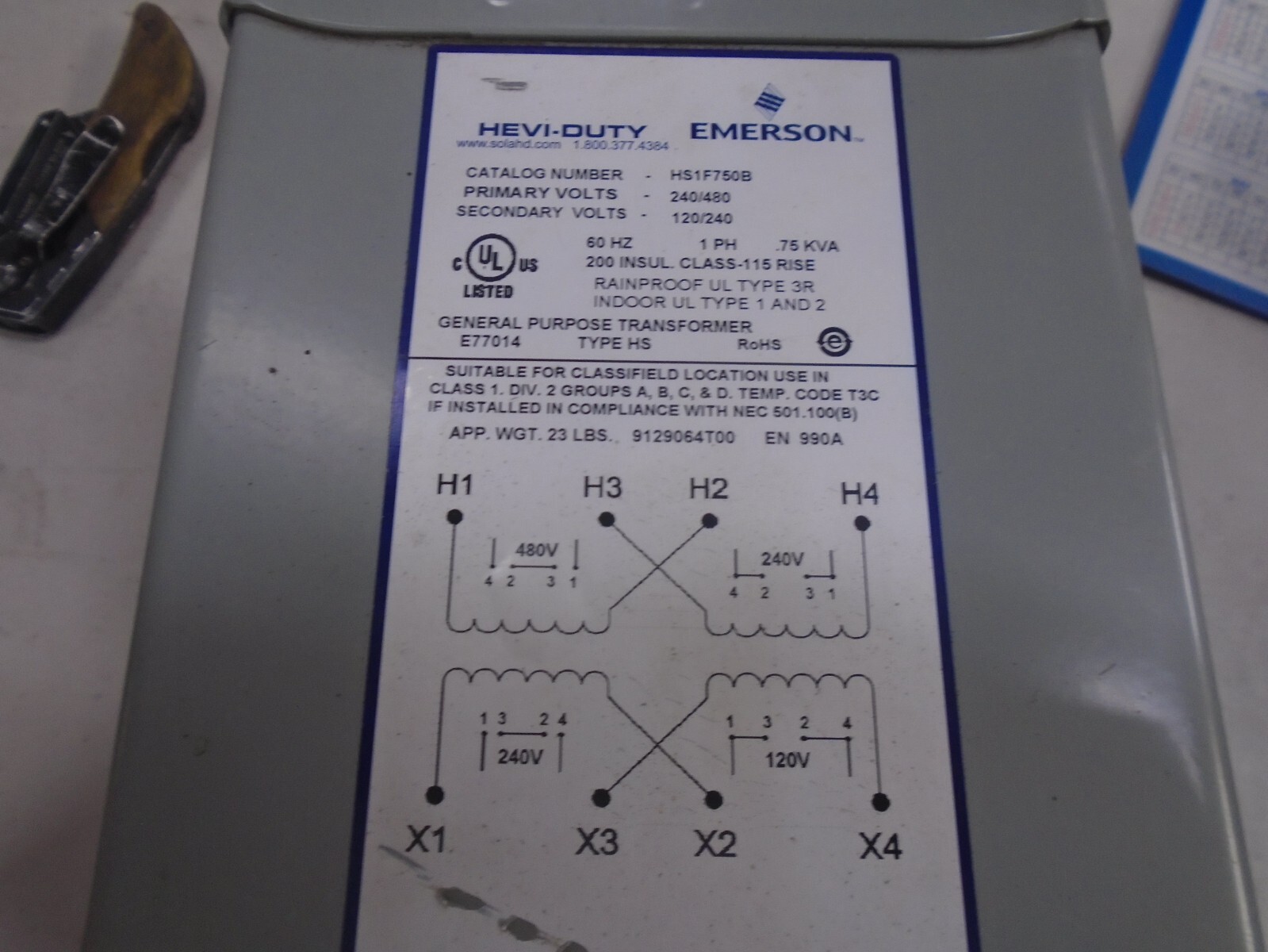 Emerson Sola Hevi-duty General Purpose Transformer HS1F750B E77014 for ...