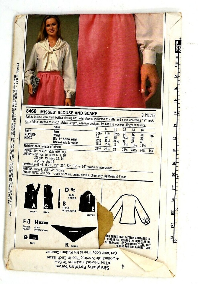 Simplicity 8468 Sewing Pattern Misses Blouse Size K 8-10-12 Miss ...