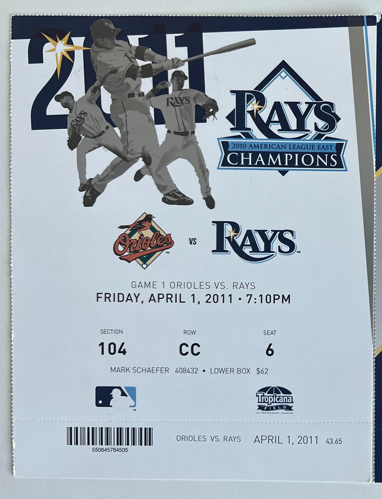 2011 Baltimore Orioles vs Tampa Bay Rays Ticket Stub 4/1/11 - Opening ...