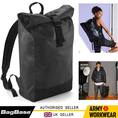 Bagbase Tarp Roll Top Backpack Bag Waterproof Rucksack Urban Style Plain Black | eBay