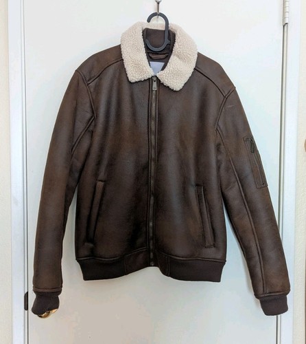 Rainforest Men's Brown Faux Leather Shearling Lined Aviator Jacket Size ...