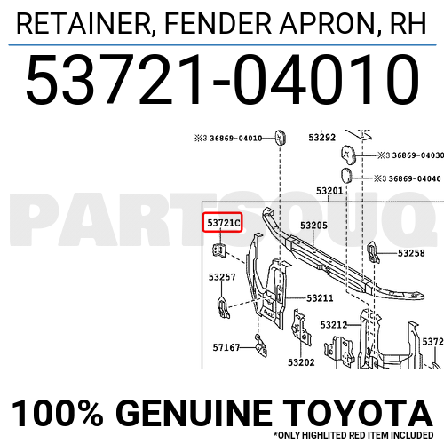 5372104010 Genuine Toyota RETAINER, FENDER APRON, RH 53721-04010 | eBay