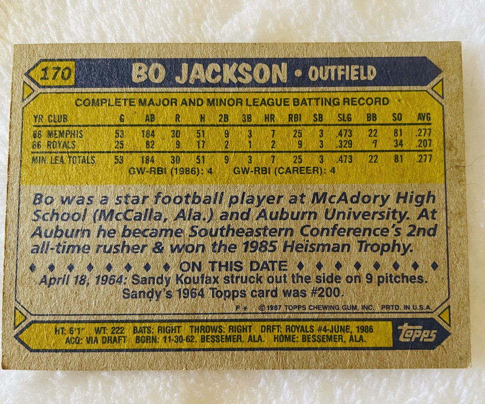 Bo Jackson ERROR Rookie Card Topps 1987 #170 Kansas City Royals MINT | eBay