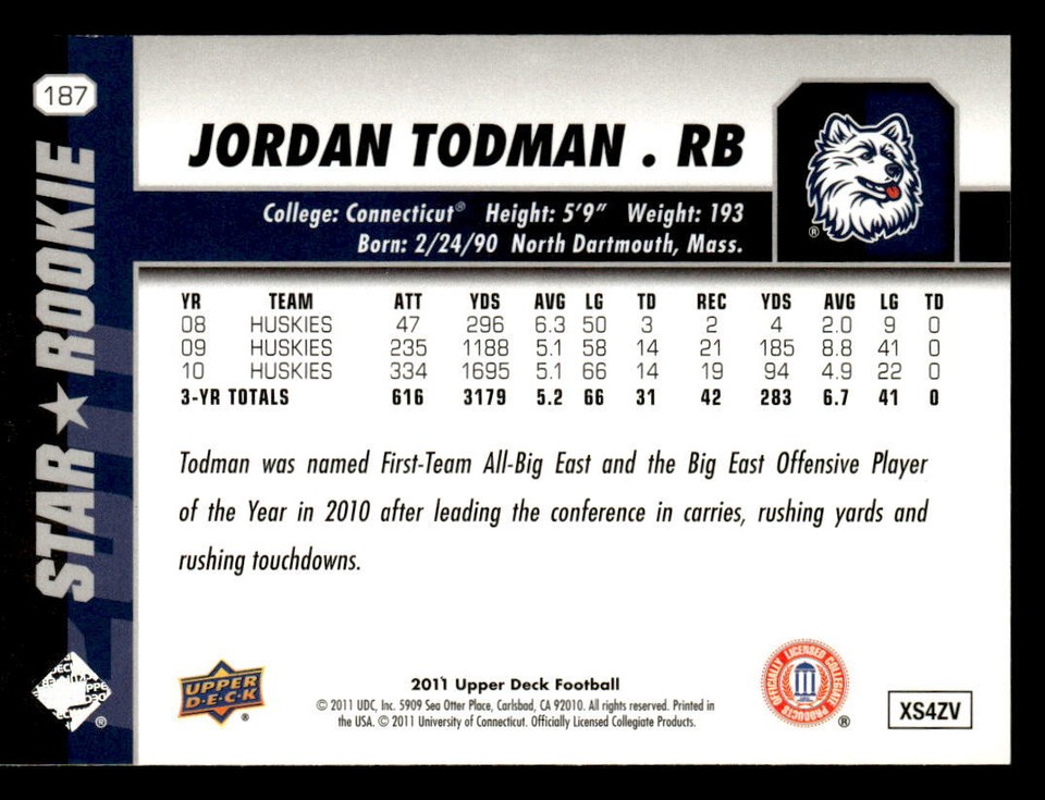 Jordan Todman 2011 Upper Deck Star Rookie Card #187 Connecticut Huskies ...