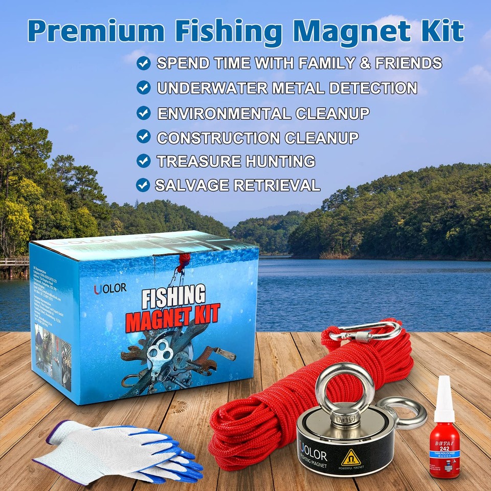 Uolor 300KG Pull Force Double Sided Complete Fishing Magnet Kit for ...
