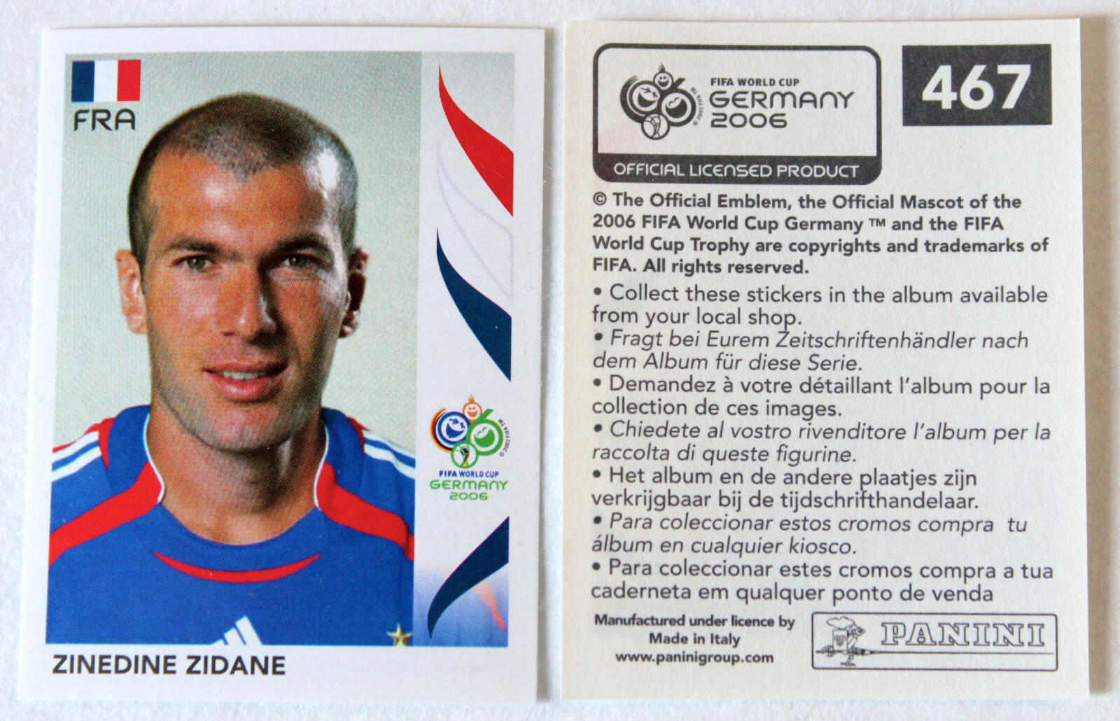 Panini Soccer Sticker Card Zinedine Zidane #467 World Cup Germany 2006 ...