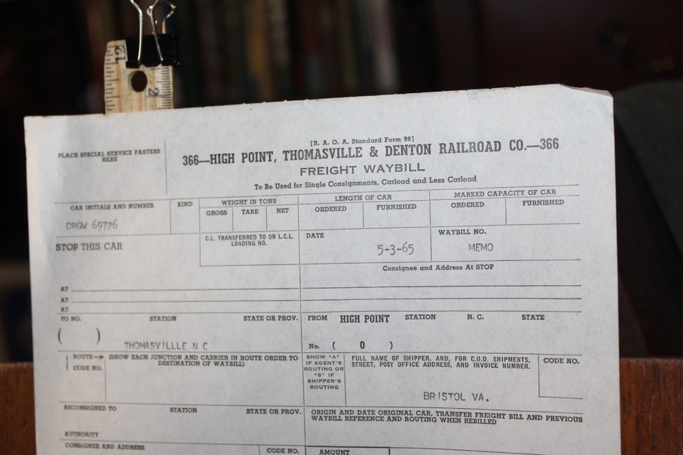 Vintage 1965 High Point Thomasville Denton Railroad Freight Waybill | eBay