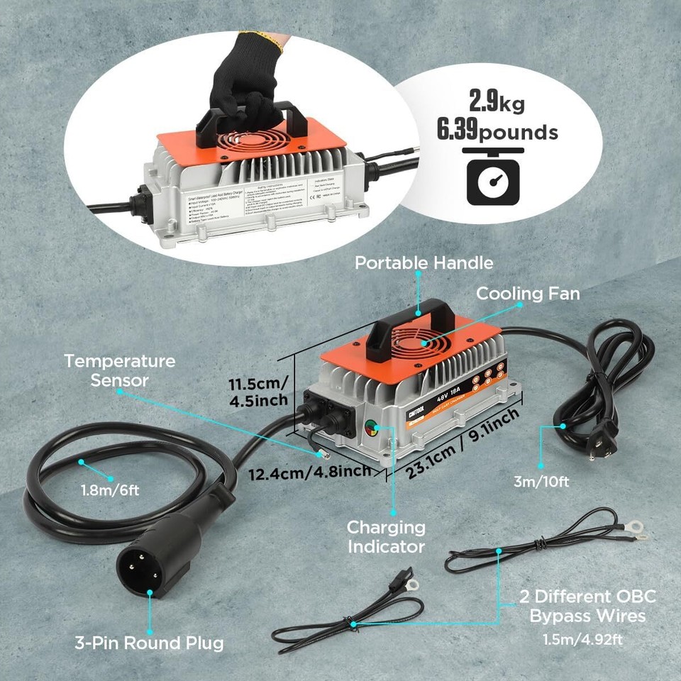 48Volt 18A Golf Cart Battery Charger 3-Pin Round Plug Club Car Charger ...