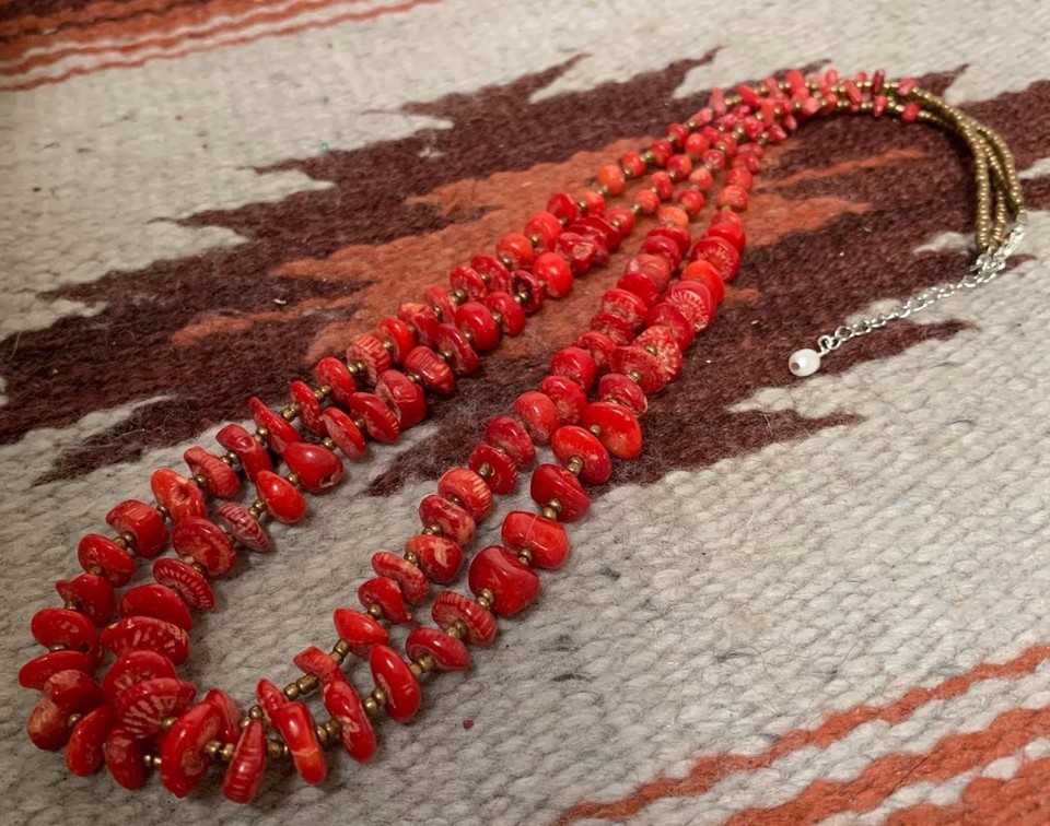 Southwestern multi-strands sea coral bead necklace/21"-23"(B200a-w2) | eBay