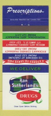 Matchbook Cover - Ron Sutherland's Drug Store Hamilton ON 30 Strike | eBay