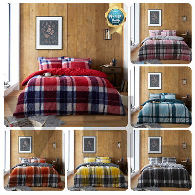 Teddy Check Fleece Duvet Cover Bear Bedding Thermal Tartan Quilt Set ...