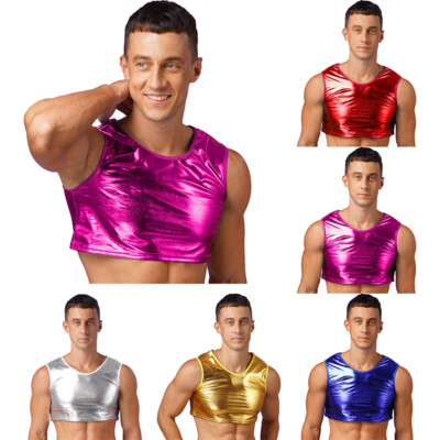 Mens Shiny Metallic Muscle Vest Metallic Crop Top Round Neck Tank Tops ...