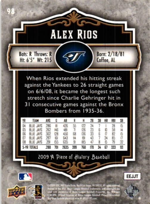 2009 UPPER DECK A PIECE OF HISTORY BASEBALL CARD ALEX RIOS | eBay