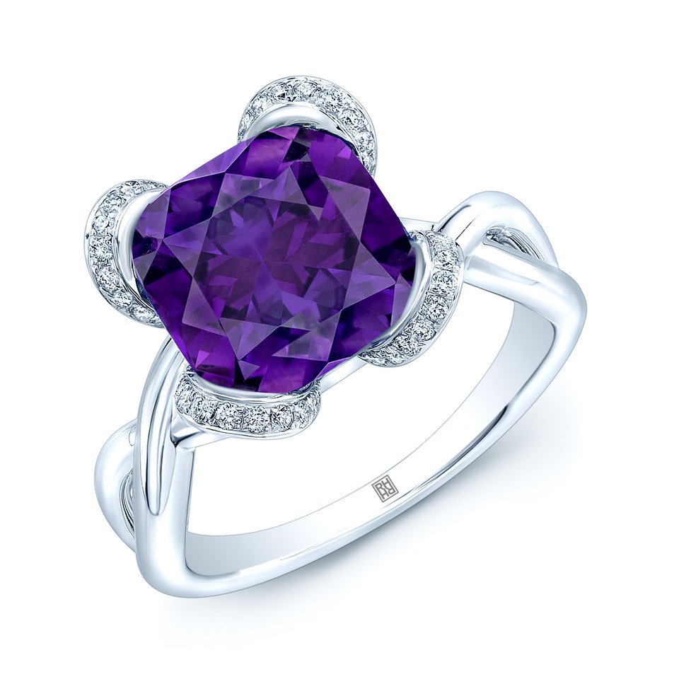 14k White Gold Cushion Cut Amethyst Diamond Flower Twist Cocktail Ring ...
