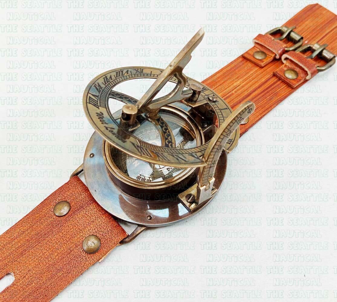 Handmade Sun Dial Watch Antique Brass Nautical Sundial Compass Leather ...