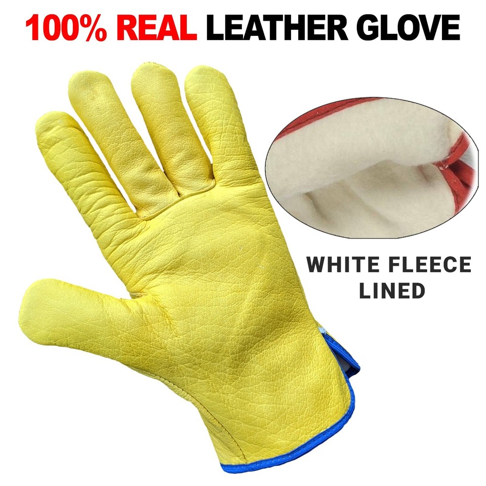 Premium Yellow Leather Driver Work Gloves Fleece Lined Lorry Truck ...