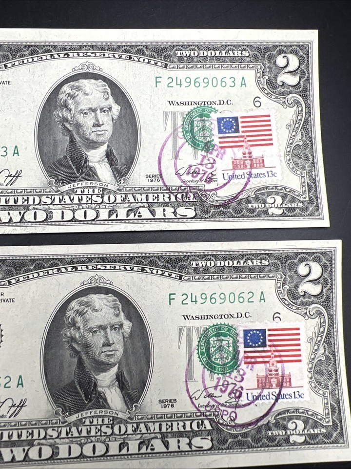 2 Consecutive Atlanta Postal 1976 $2 Bicentennial Two Dollar Note Bills ...