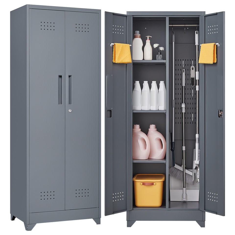 Metal Broom Storage Cabinet, Broom Closet with Pegboard and Hanging Rod ...