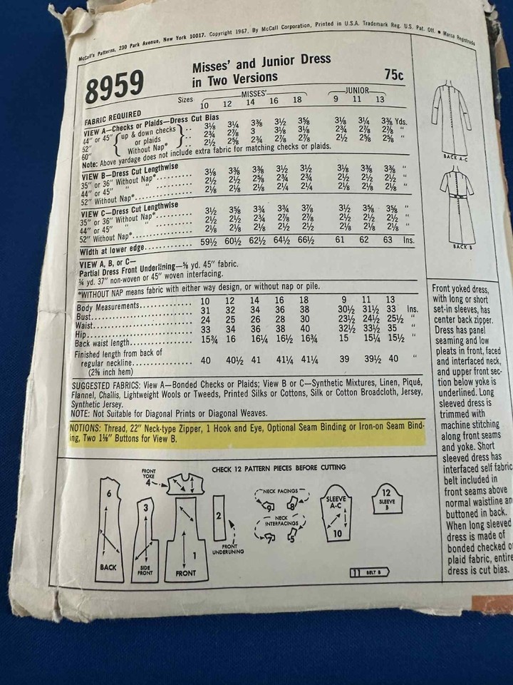 McCALLS 1967 PRINCESS SEAM DRESS PATTERN 8959 VINTAGE SZ 14 BUST 34 | eBay