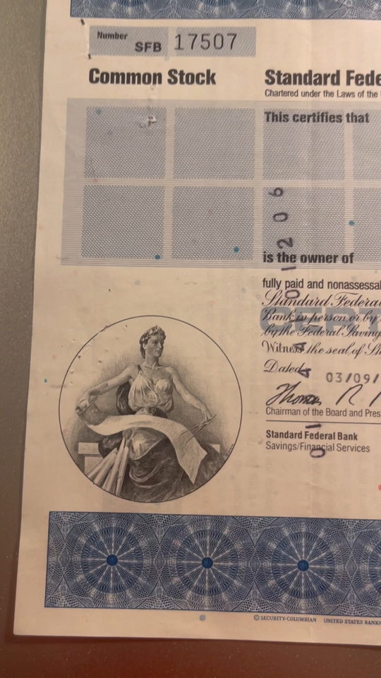 Vintage 1980s Standard Federal Bank Stock Certificate, Troy, MI Icon ...