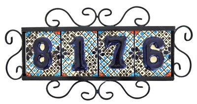 FOUR Mexican HOUSE NUMBER Tile & Iron Frame High Relief Turquoise HR2 ...