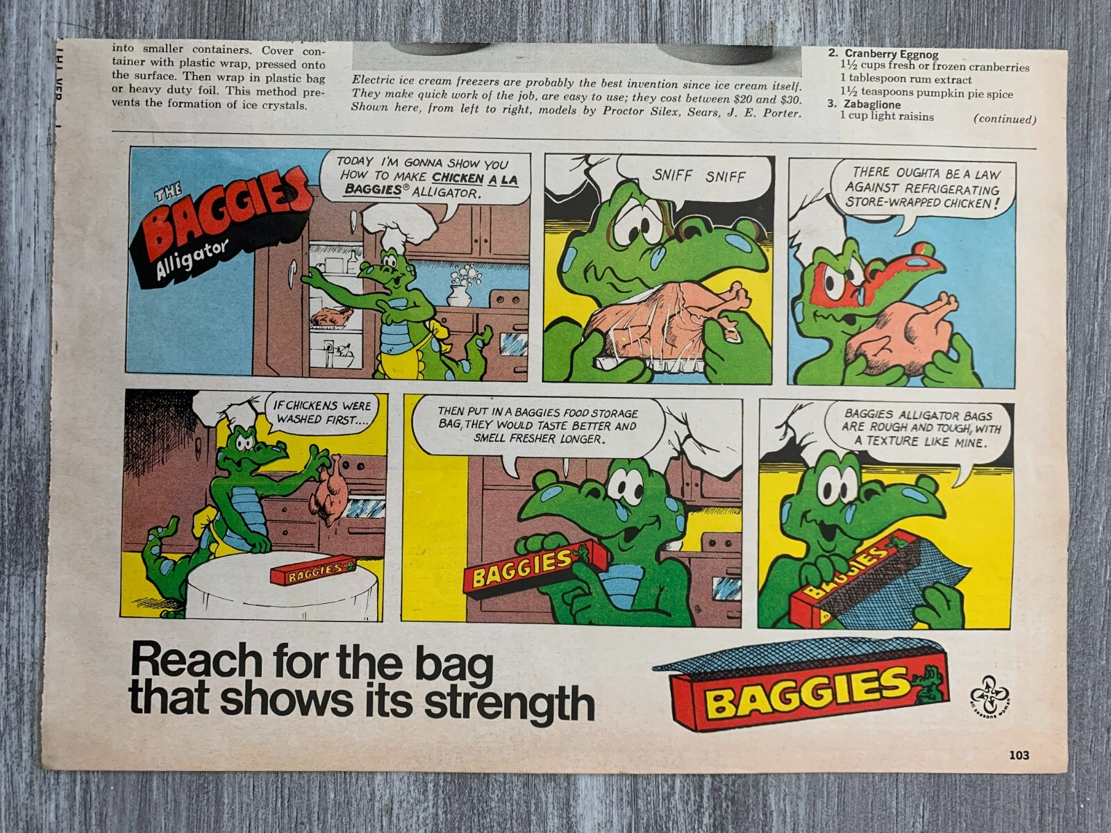 1973 THE BAGGIES ALLIGATOR 10.5x7" Print Ad VG+ 4.5 Shows its Strength ...