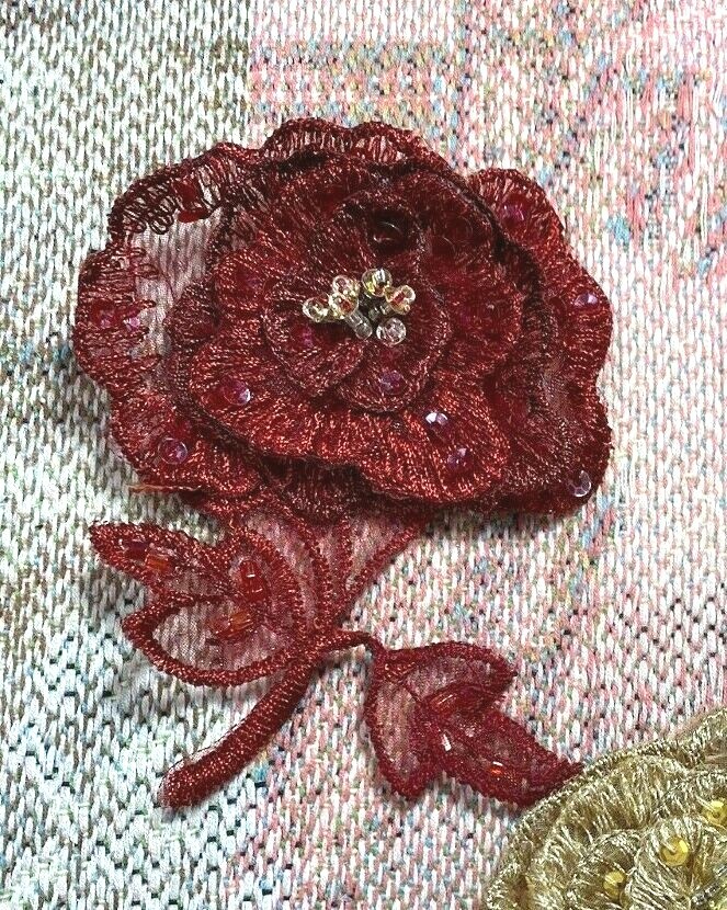 embroidered applique hand sewn rose layered flower 3" glass beads 1pc ...