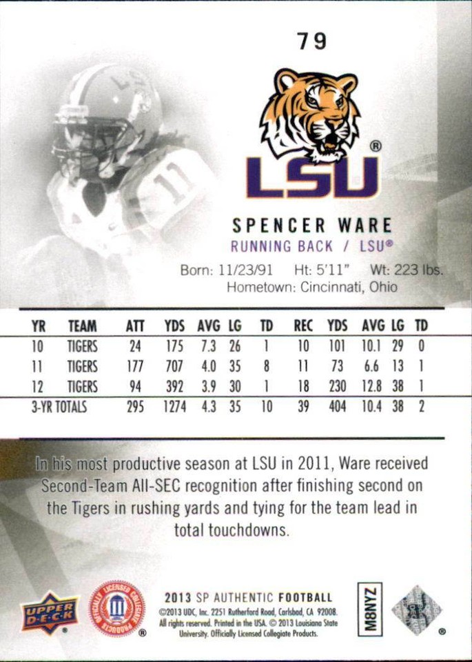 2013 SP Authentic #79 Rookie Spencer Ware LSU Tigers | eBay