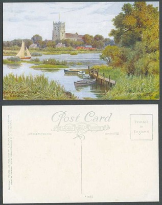 A.R. Quinton Old Postcard Christchurch Priory from Wick Church Boats ...