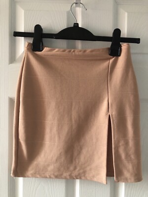 PrettyLittleThing Peach Nude Stretch BodyCon Short Side Split Skirt UK 8 Mini | eBay UK