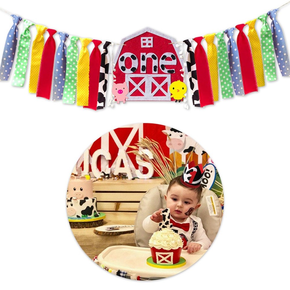 Farm Theme Dining Chair Pull Flag Baby First Birthday Party Banner Baby ...