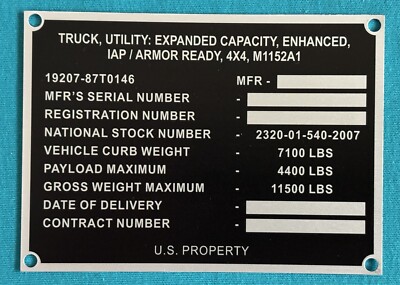 HMMWV Military Data Plate M1152 US Army USMC M1152A1 Humvee | eBay