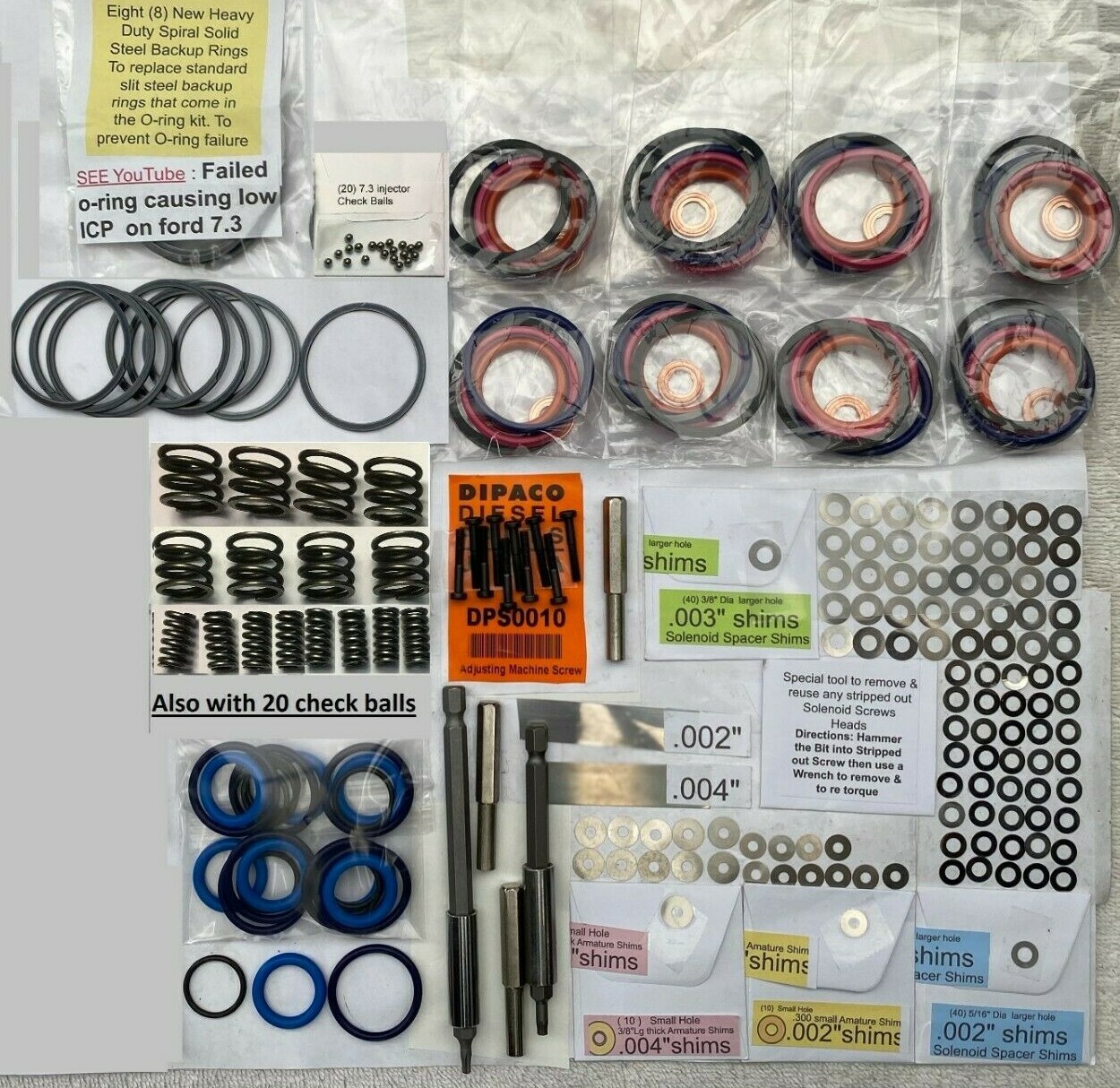 7.3L POWERSTROKE injector delux rebuild KIT ext & int seals plus shims ...