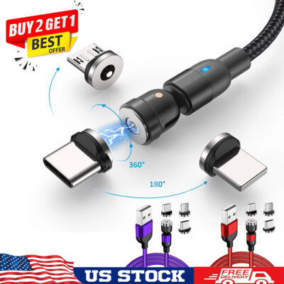360+180° Rotate USB Adapter Magnetic Charging Cable Cord For iPhone ...