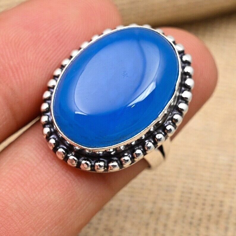 Solid 925 Silver Ravishing Blue Chalcedony Ring Handmade Statement Ring ...