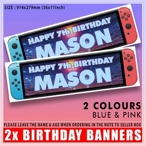 2 PERSONALISED NINTENDO SWITCH BIRTHDAY BANNERS 36" x 11" GAMER ANY ...