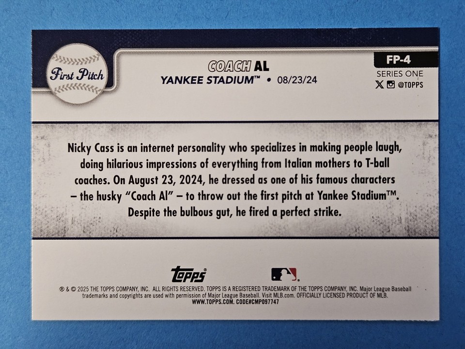 2025 Topps Series 1 Coach Al First Pitch #FP-4 New York Yankees Nicky ...