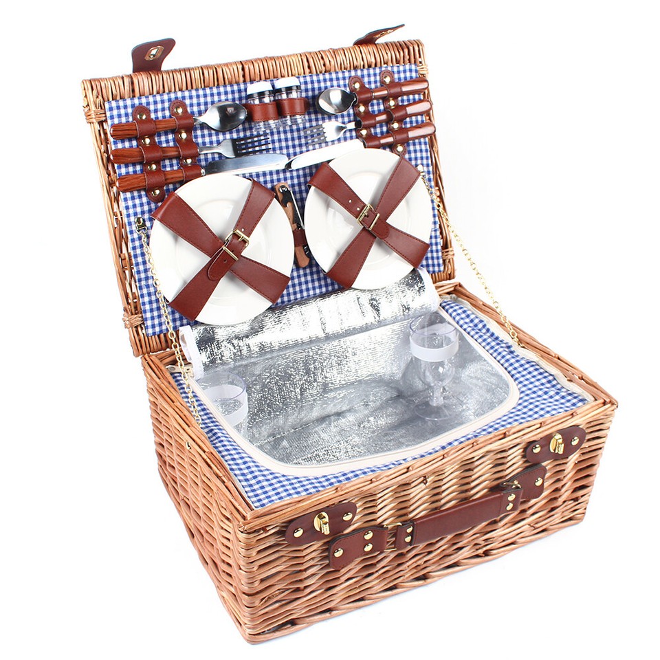 Vintage Wicker Picnic Basket with Latch & 19 Piece Colorful Picnic Ware ...