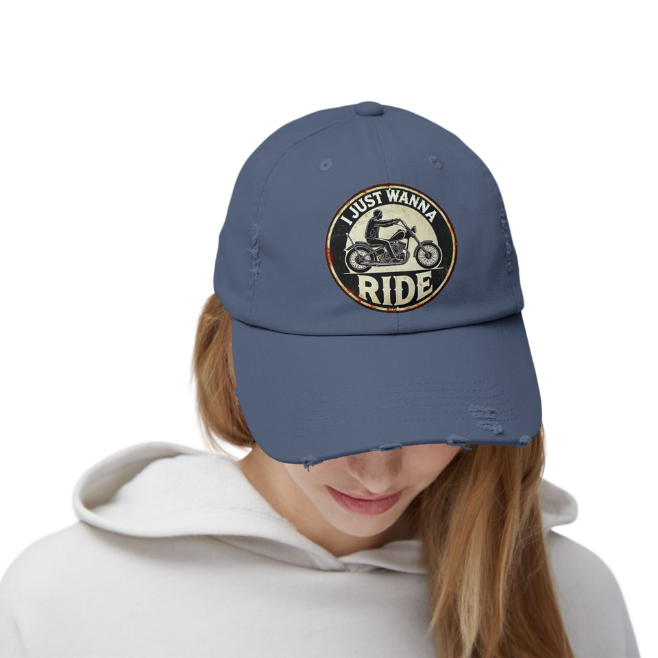 Retro I Just Wanna Ride Sign Car Motorcycle Motor Hat Distressed Cap ...