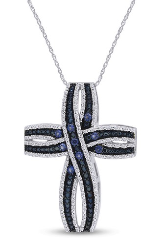 Loop Cross Pendant 18" Necklace Simulated Sapphire & CZ in 925 Sterling ...